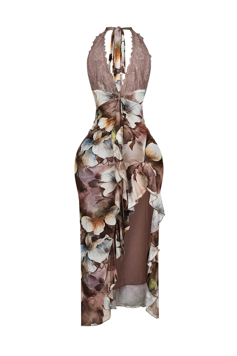 Fariah Print Lace Halter Ruffle Maxi Dress – EDGE