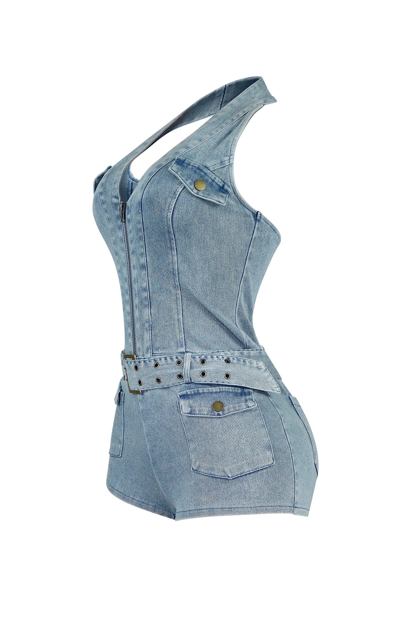 Afina Washed Denim Halter Belted Romper – EDGE