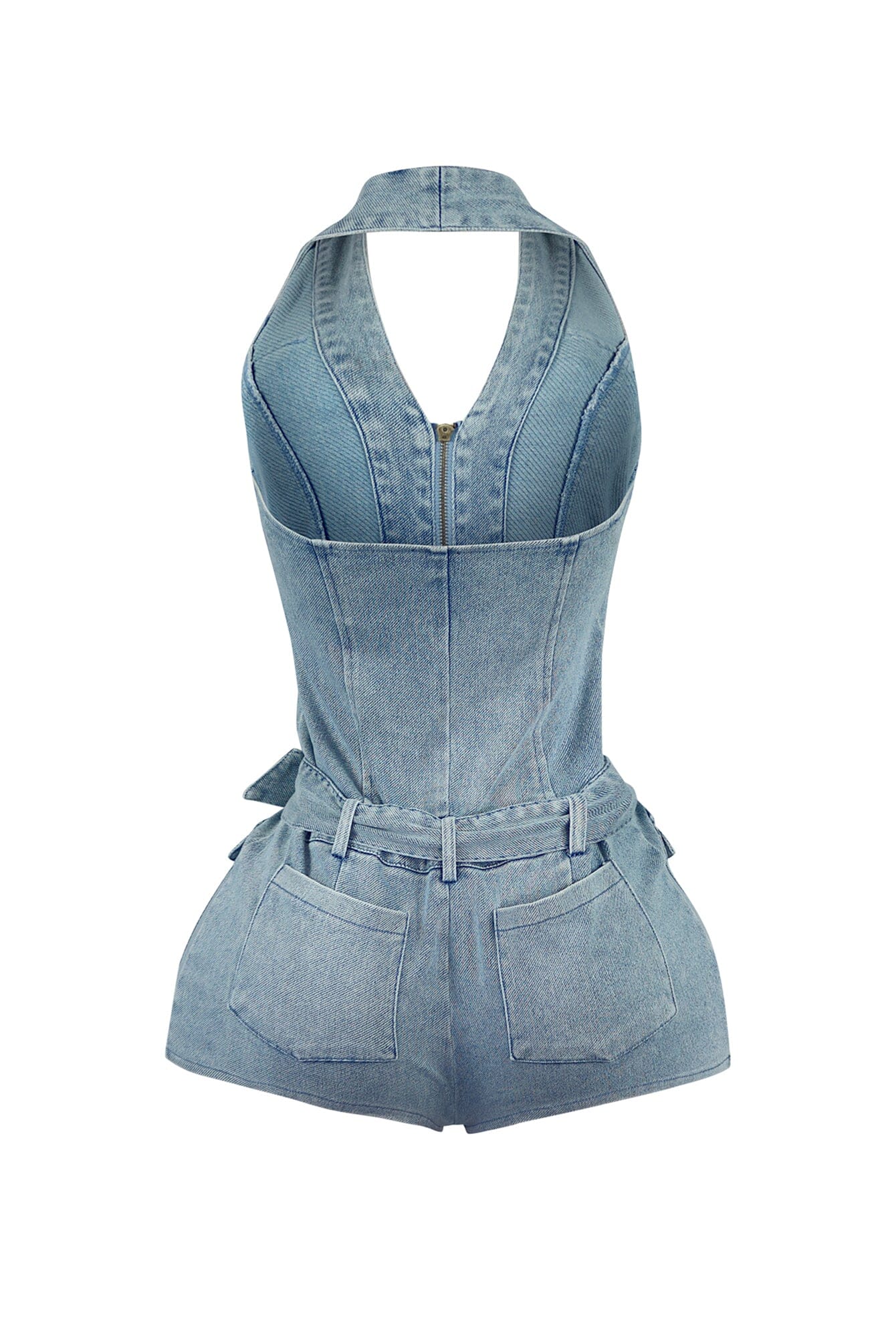 Afina Washed Denim Halter Belted Romper – EDGE