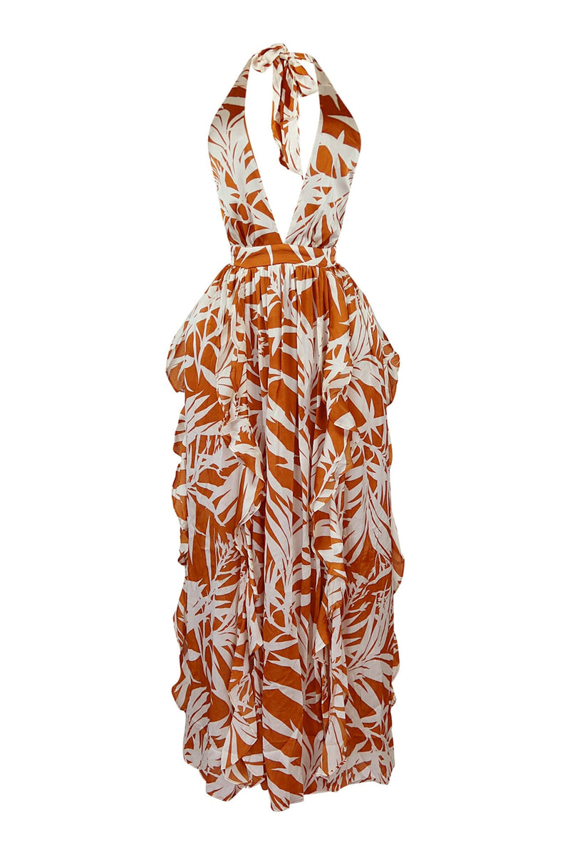 That Summer Satin Print Halter Ruffle Maxi Dress – EDGE