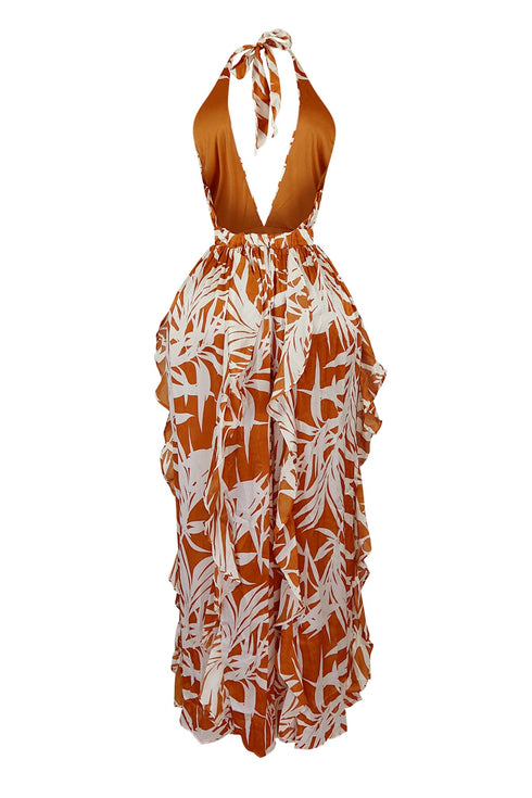 That Summer Satin Print Halter Ruffle Maxi Dress – EDGE