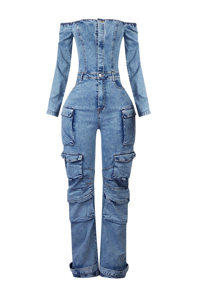 Carla Denim Off Shoulder Cargo Jumpsuit – EDGE
