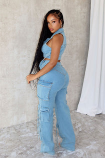 Get Goin Denim Cross Straps Vest & Pants SET – EDGE